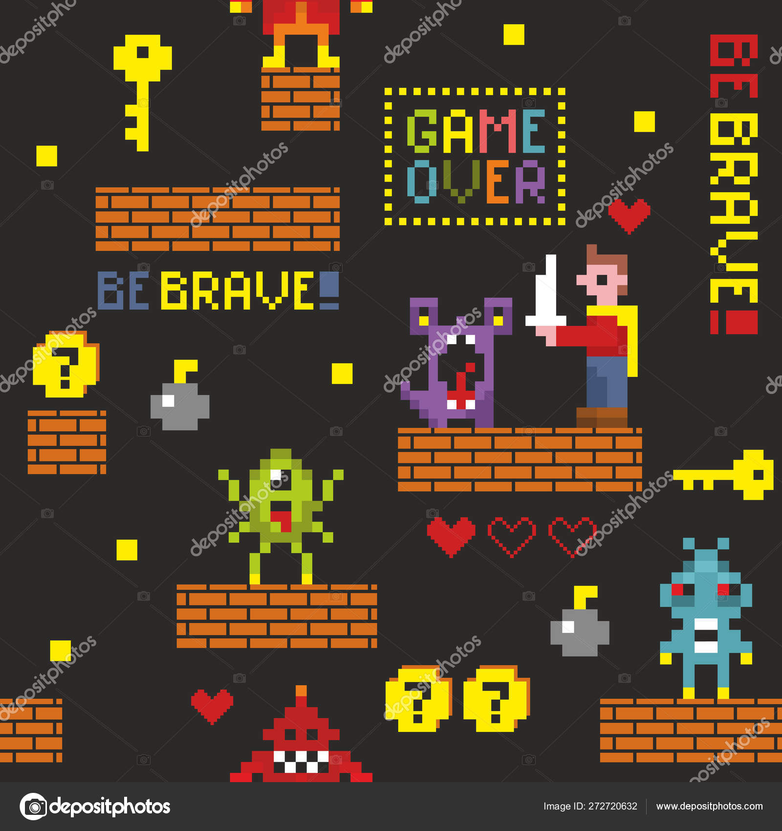 Seamless pattern with retro pixel game characters. Stock Vector by ...