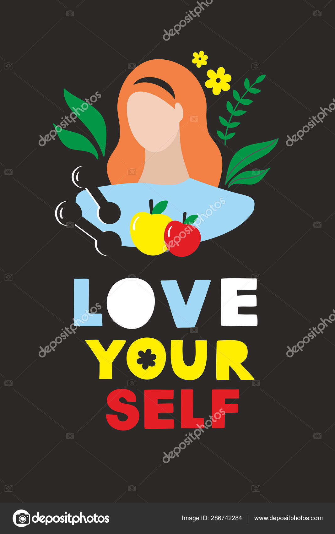 Colorful modern card or poster with woman portrait and positive message ...