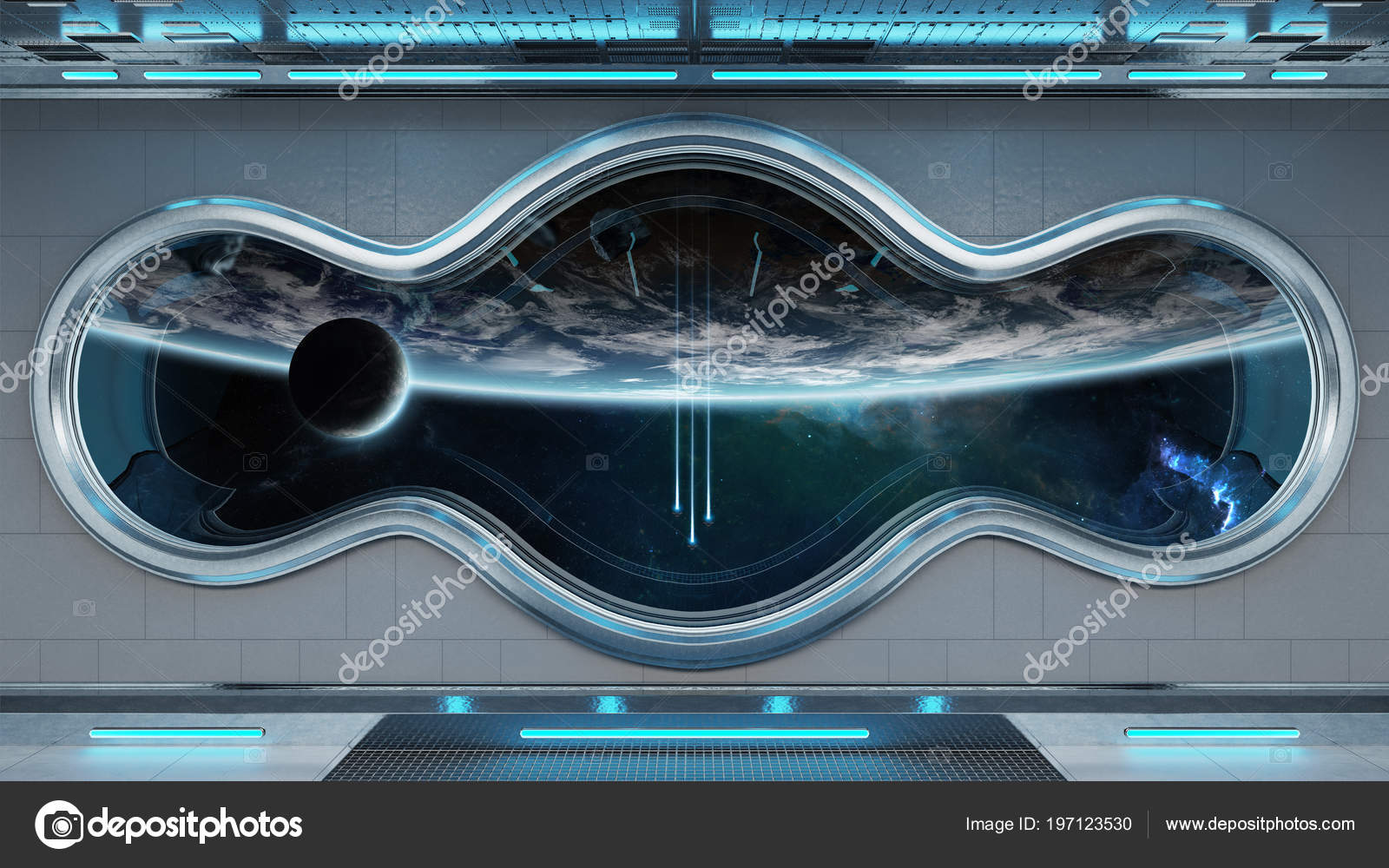 White Tech Spaceship Window Interior View Planet Earth Rendering ...