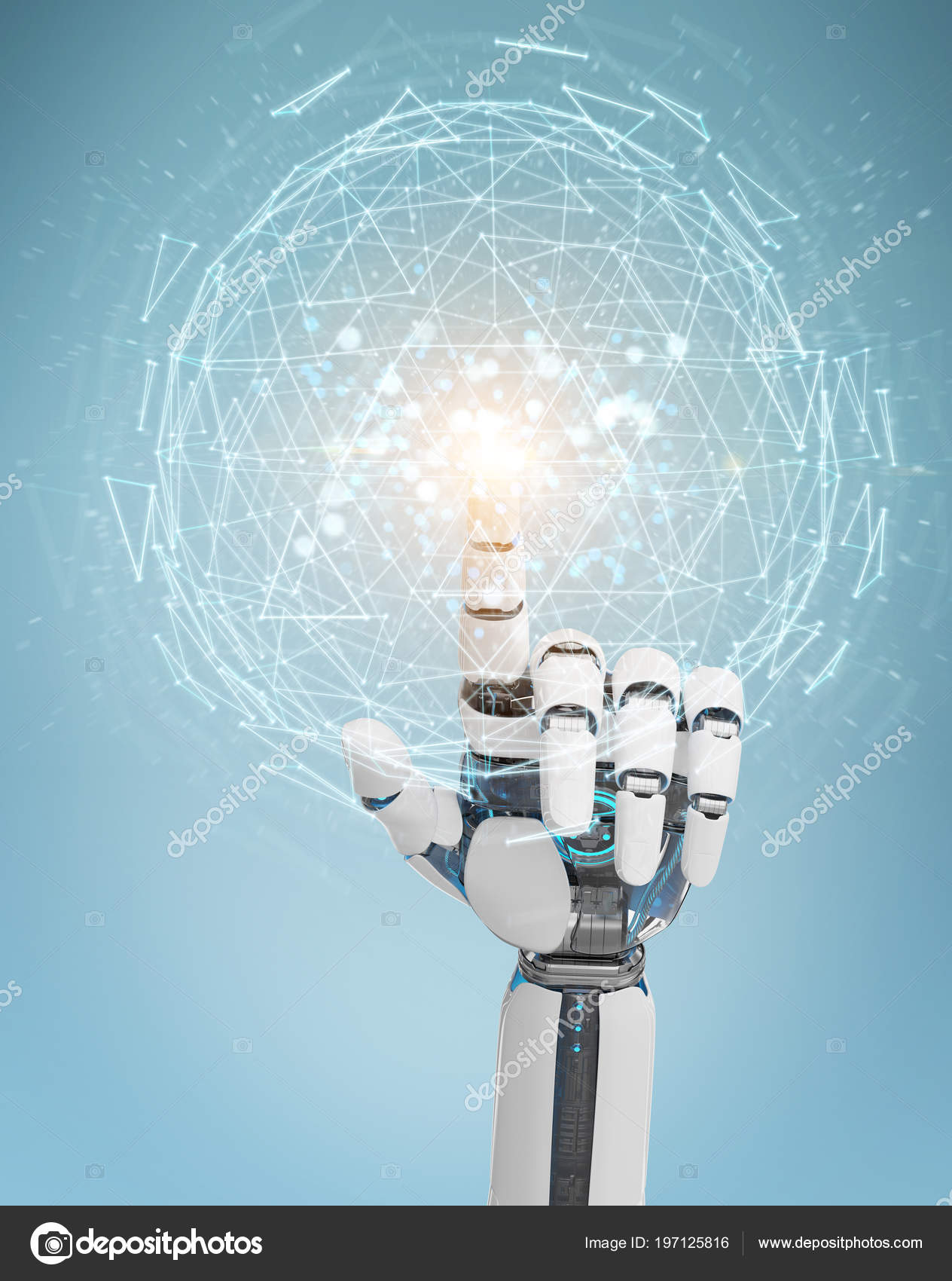 White Robot Hand Blurred Background Using Digital Triangle Exploding Sphere — Stock Photo ...