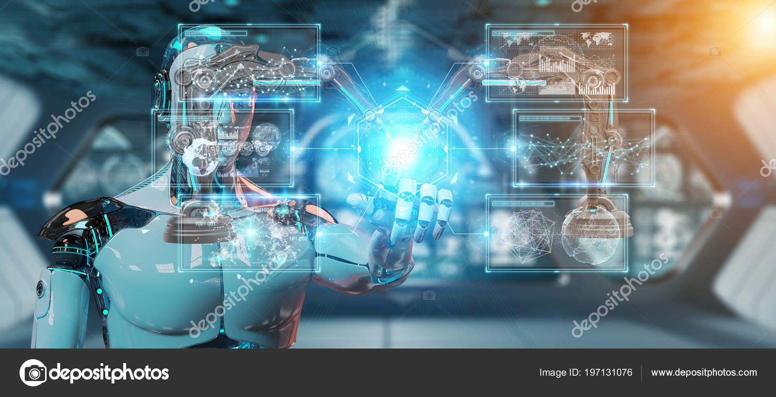 White Man Robot Blurred Background Using Robotics Arms Digital Screen ...