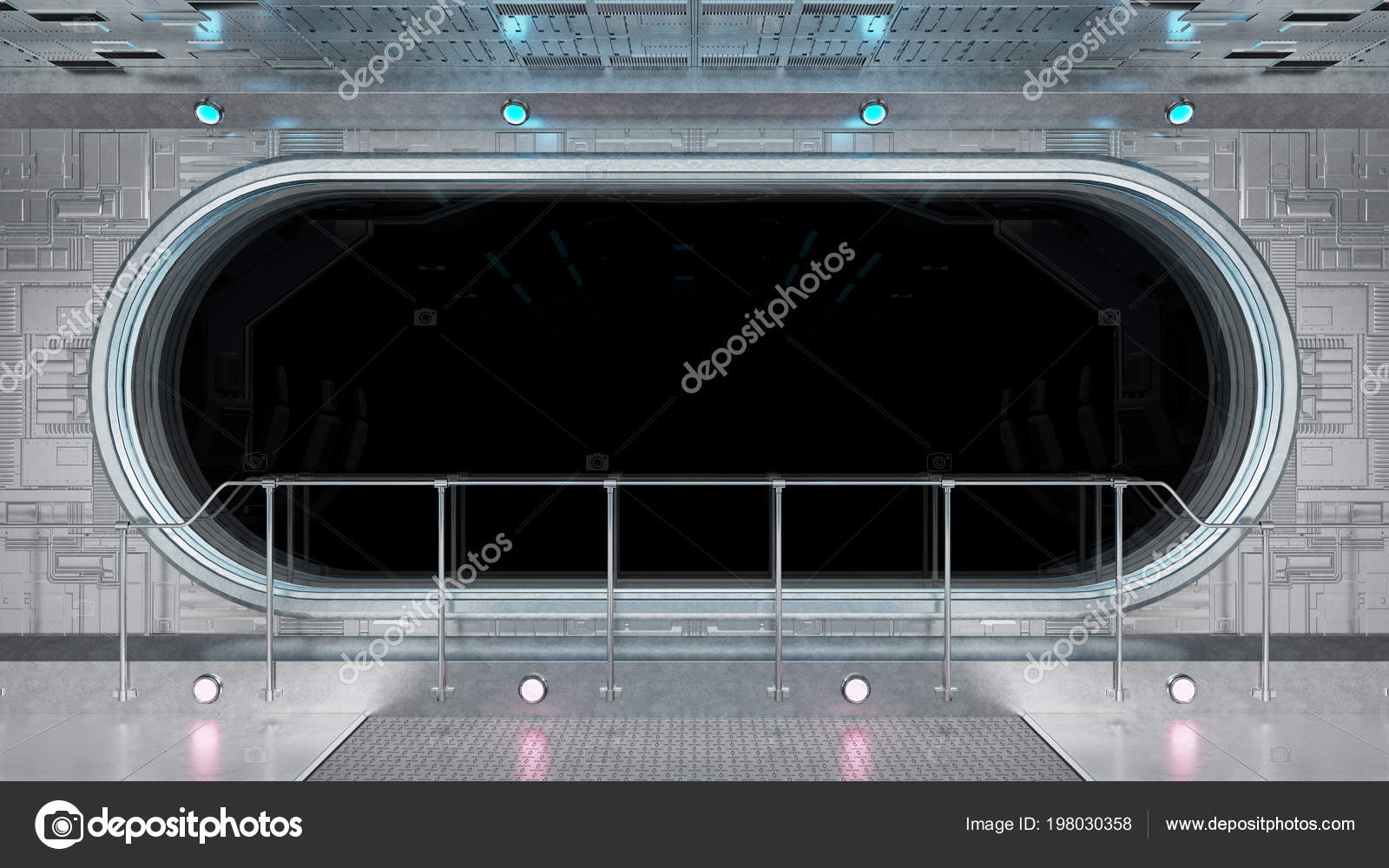 White Tech Spaceship Window Interior Black Background Rendering Stock ...