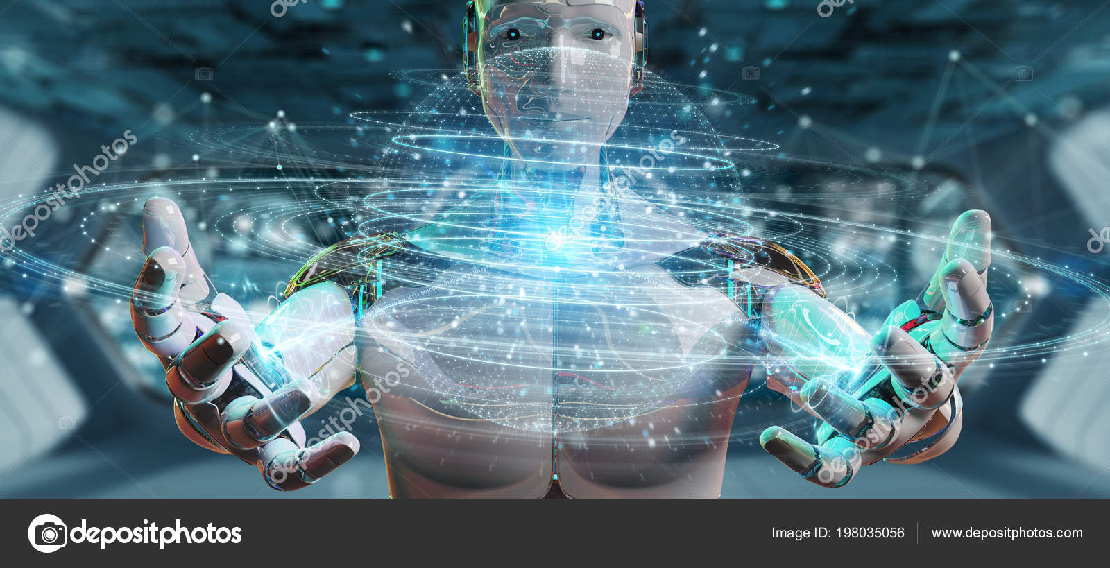 White Robot Blurred Background Using Digital Triangle Exploding Sphere Hologram — Stock Photo ...