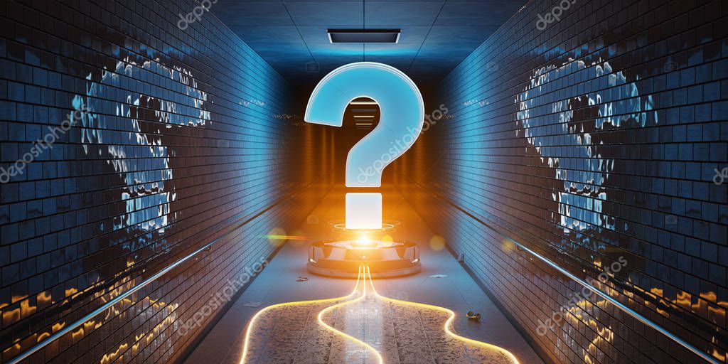 Signos de interrogaci n azules y naranjas holograma digital en renderizado 3D subterr neo 2024