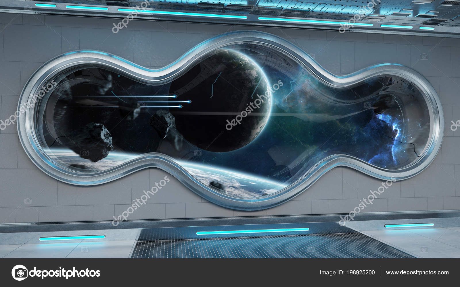 White Tech Spaceship Window Interior View Distant Planets System ...