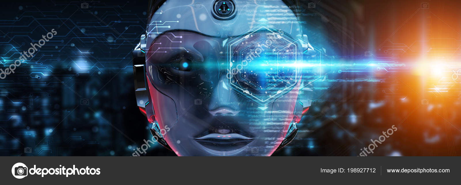 Cyborg Head Using Artificial Intelligence Create Digital Interface City ...