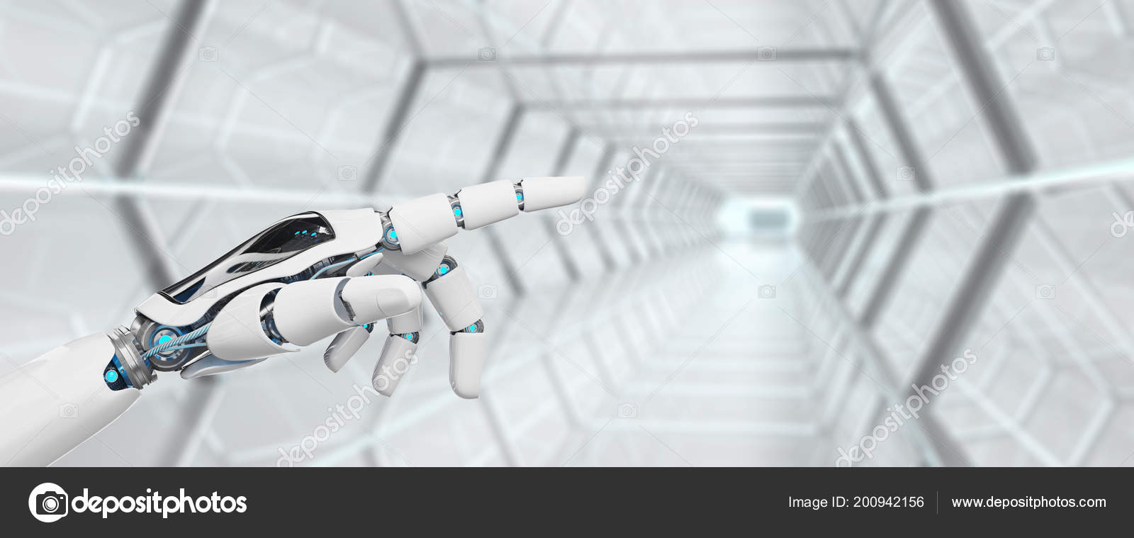 White Cyborg Pointing His Finger Spaceship Background Rendering Stock ...