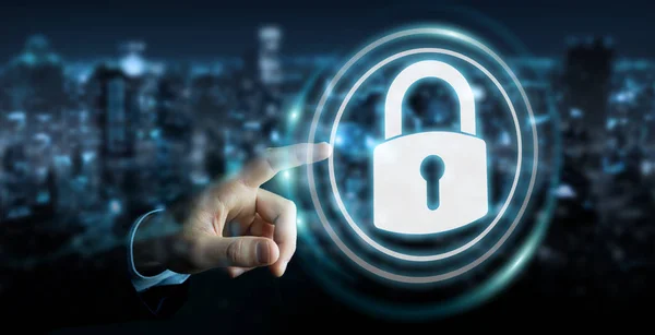 Businessman on blurred background protecting his datas with security ...