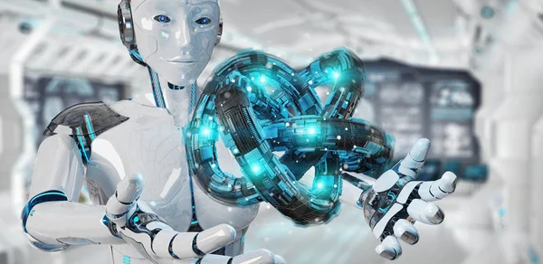 White man robot using robotics arms with digital screen 3D rende Stock ...