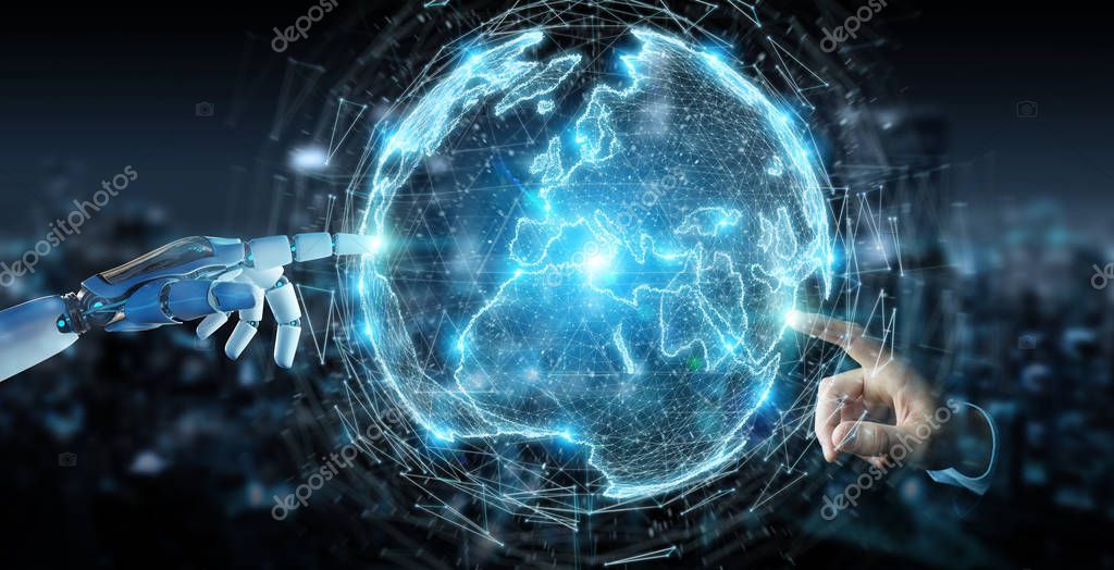 Mano humanoide blanca sobre fondo borroso usando holograma de red de ...