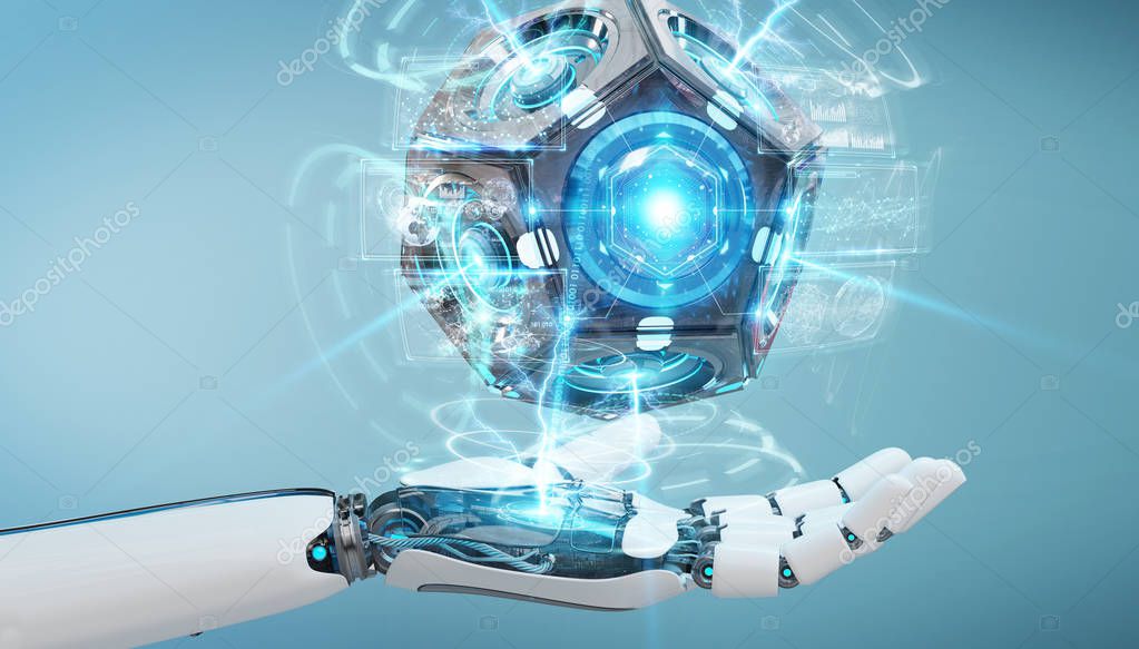 Mano humanoide blanca sobre fondo borroso usando la renderización 3D de ...