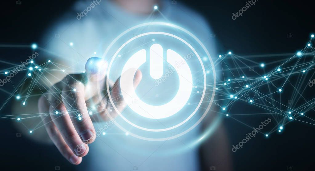 Empresario sobre fondo borroso utilizando el botón de encendido de renderizado 3D con conexiones ...