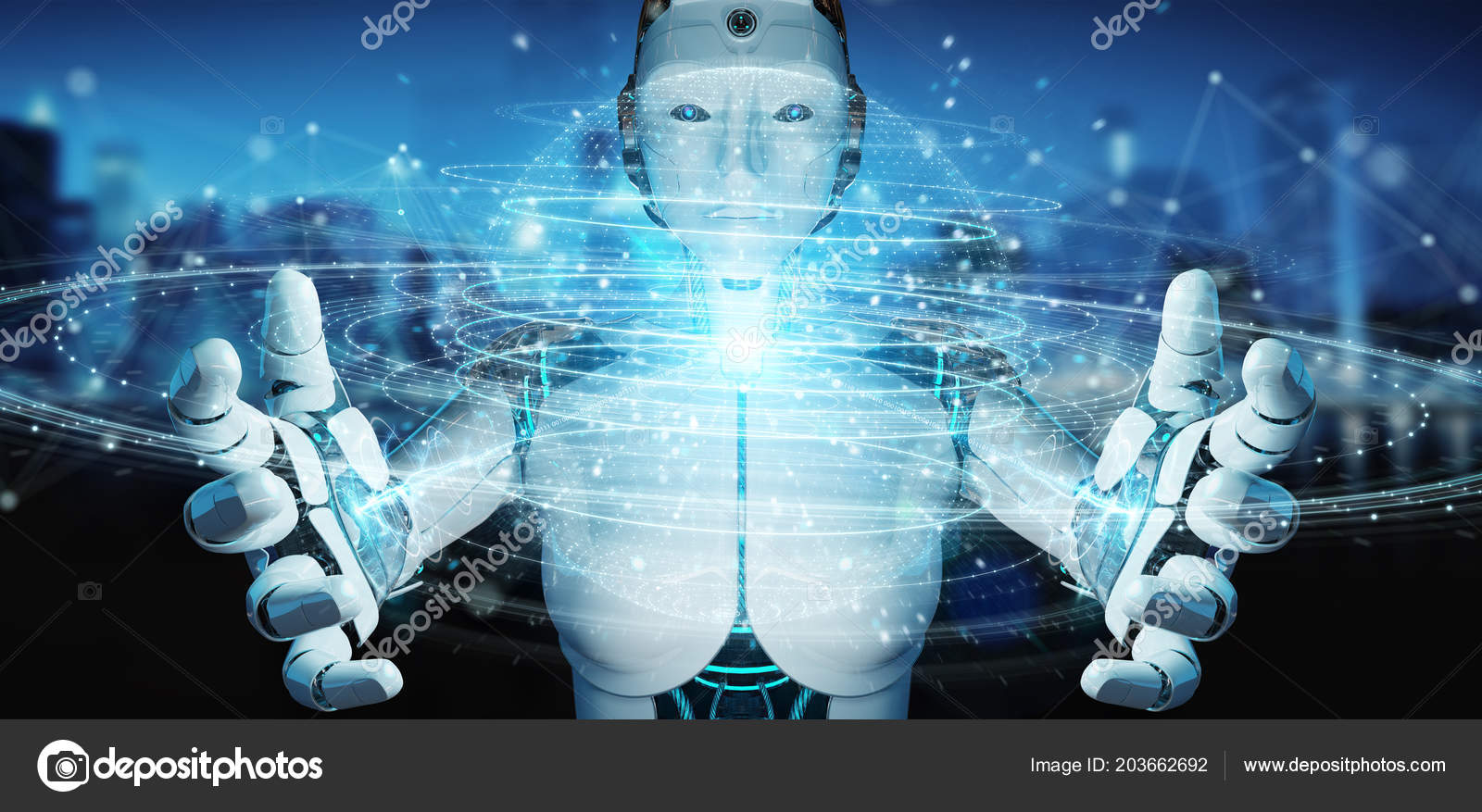 White Robot Woman Blurred Background Using Digital Triangle Exploding Sphere — Stock Photo ...