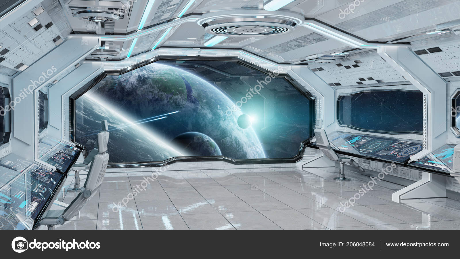 White Clean Spaceship Interior View Distant Planets System Rendering ...