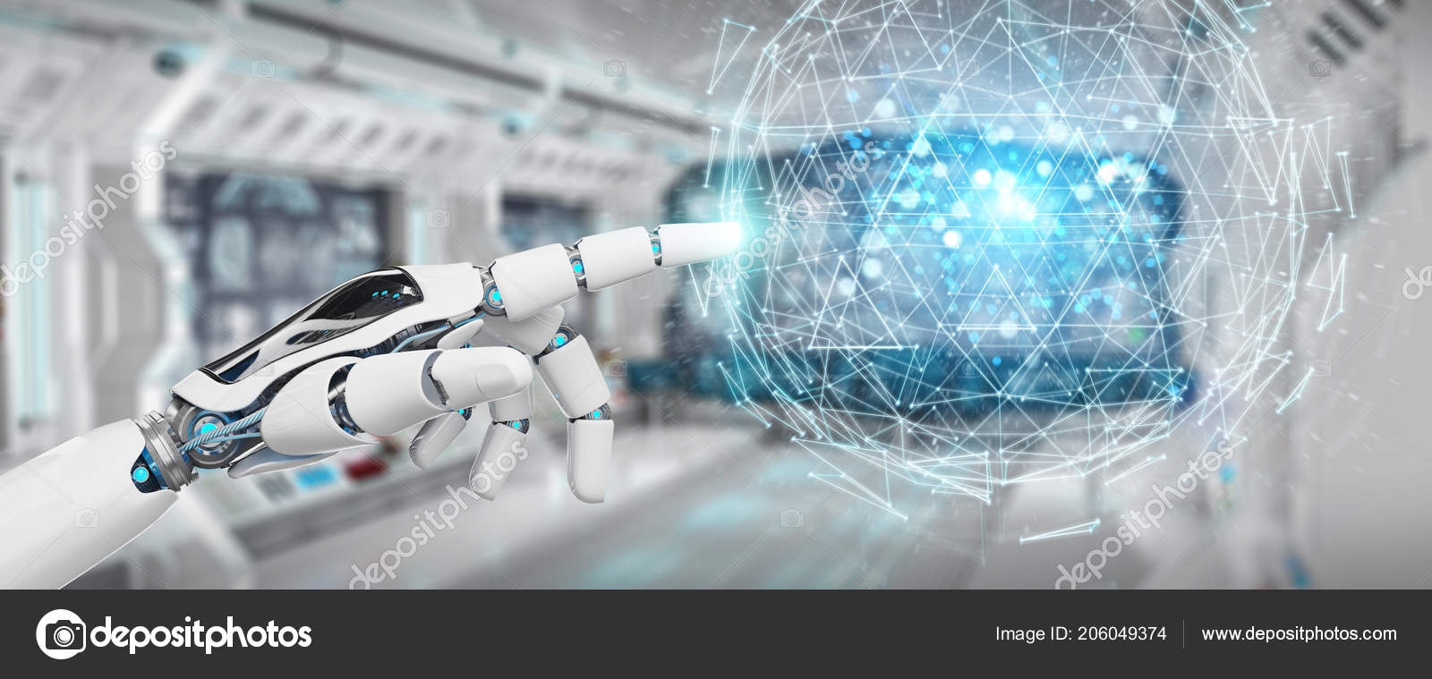 White Robot Hand Blurred Background Using Digital Triangle Exploding Sphere Stock Photo by ...