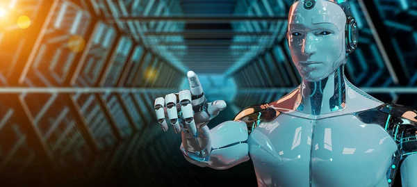 White Male Cyborg Pointing His Fingeron Dark Spaceship Background ...