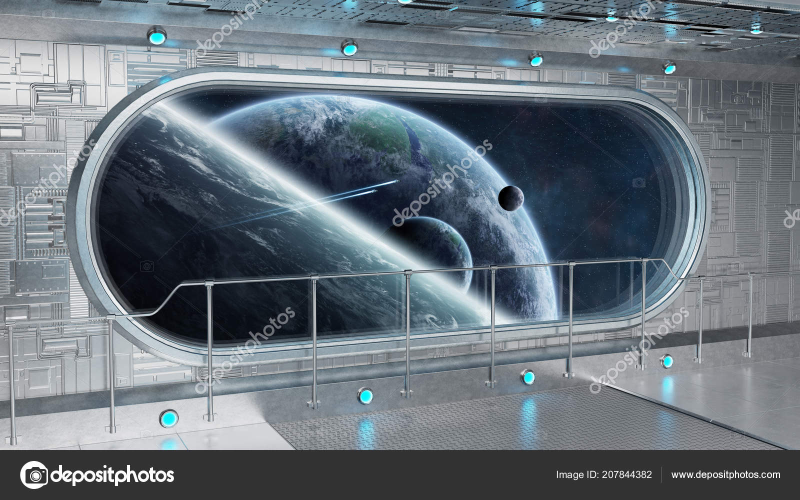 White Tech Spaceship Window Interior View Distant Planets System ...
