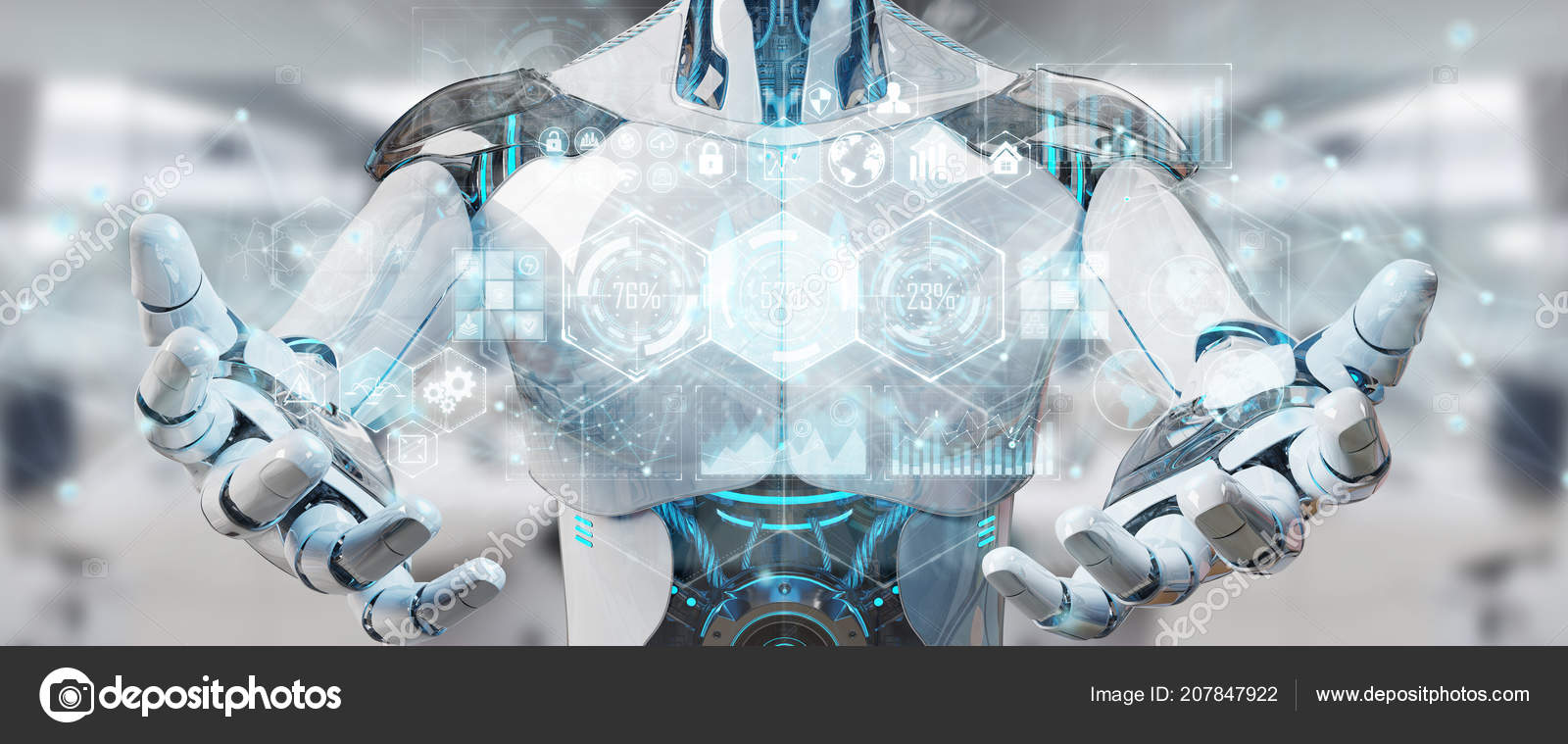 White Male Cyborg Blurred Background Using Digital Datas Interface ...