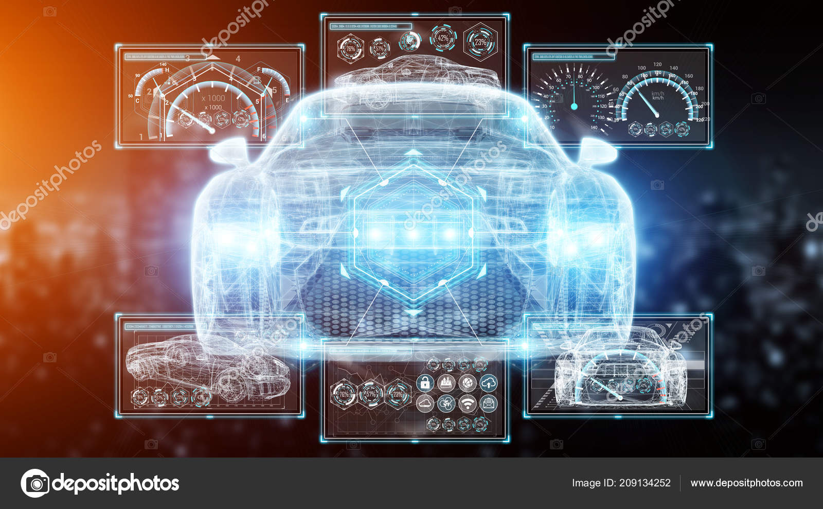 Modern Digital Smart Car Interface Isolated Opn Blue Background ...