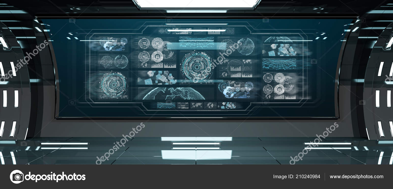 Dark Spaceship Interior Space Control Panel Digital Screens Rendering ...