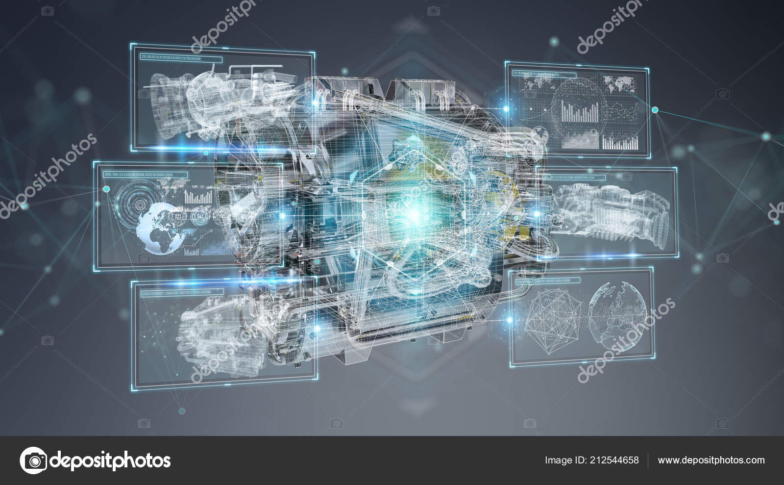 Wireframe Holographic Digital Projection Engine Grey Background Stock ...