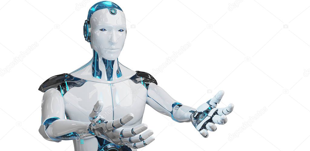 Cyborg masculino blanco abriendo sus dos manos aisladas sobre fondo ...