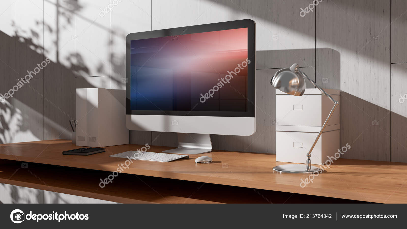 Computer Devices Modern Wooden Desk Bright Interior Rendering — Stock ...