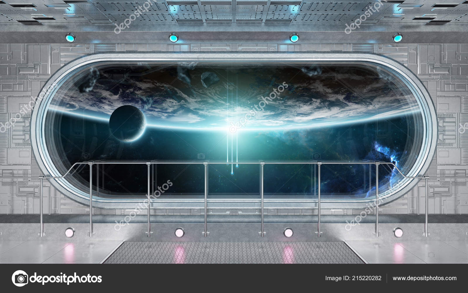 White Tech Spaceship Window Interior View Planet Earth Rendering ...