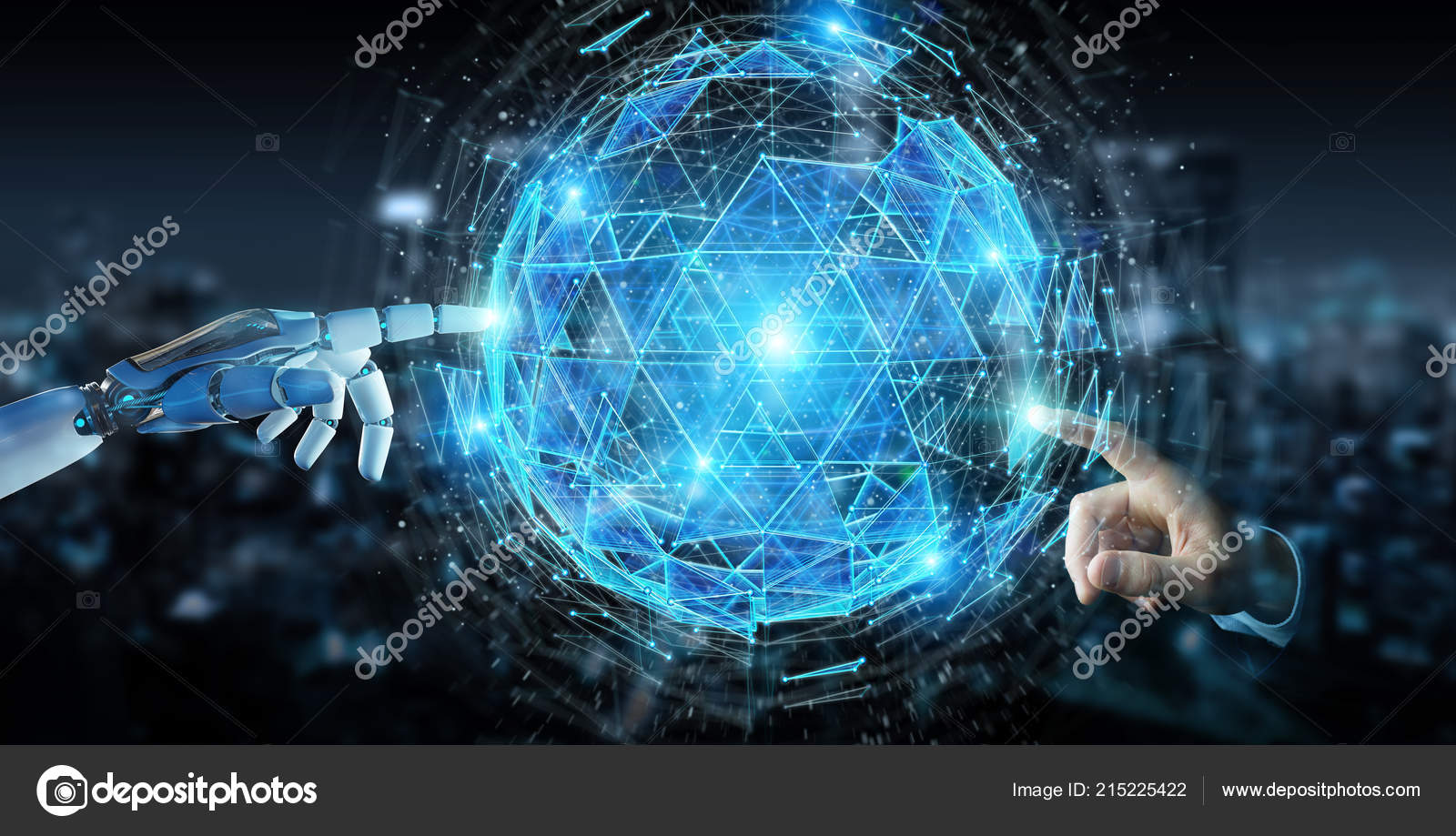 White Robot Hand Blurred Background Using Digital Triangle Exploding Sphere Stock Photo by ...