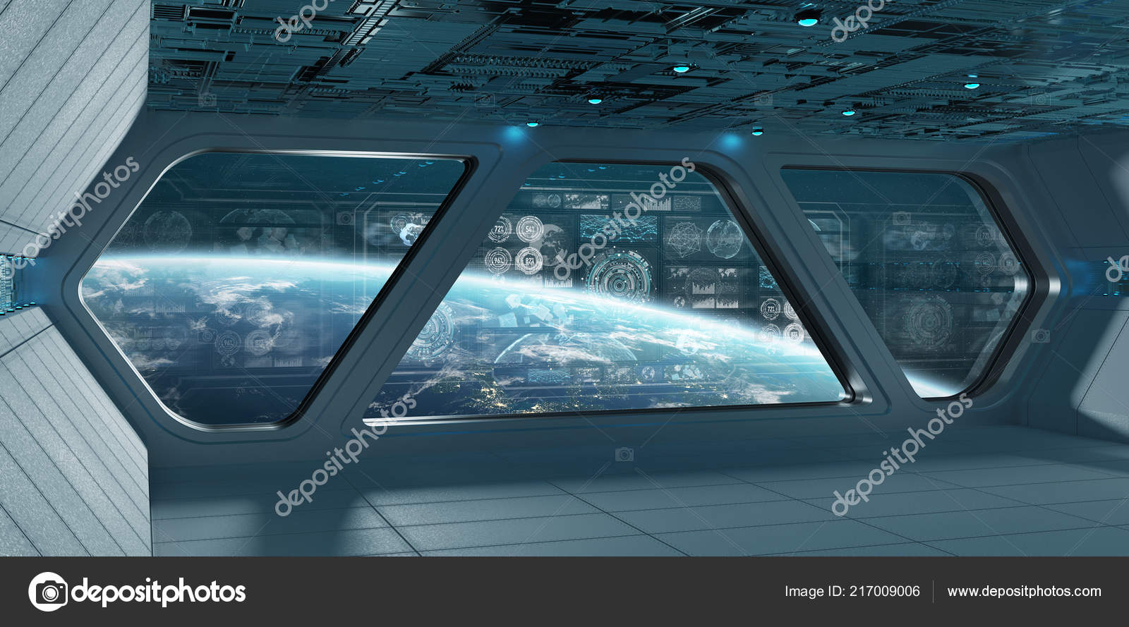 Blue Spaceship Interior Space Control Panel Screens Rendering — Stock ...