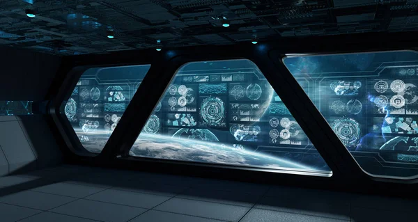Dark Spaceship Interior Space Control Panel Digital Screens Rendering ...