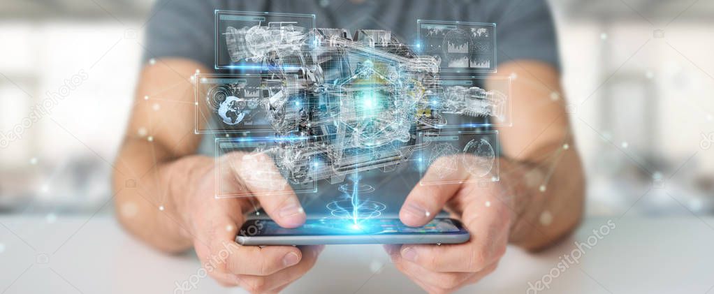 Empresario que utiliza la proyecci n digital ologr fica 3D del ...