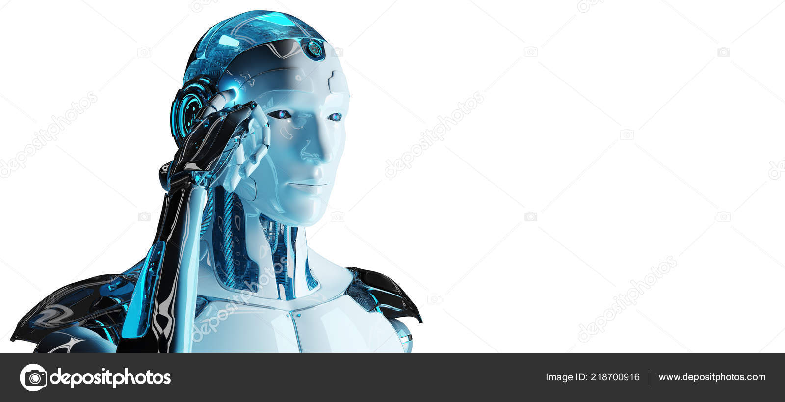 White Male Cyborg Thinking Touching His Head Isolated White Background ...