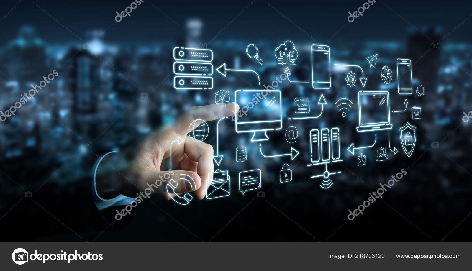 Businessman Blurred Background Using Tech Devices Icons Thin Line ...