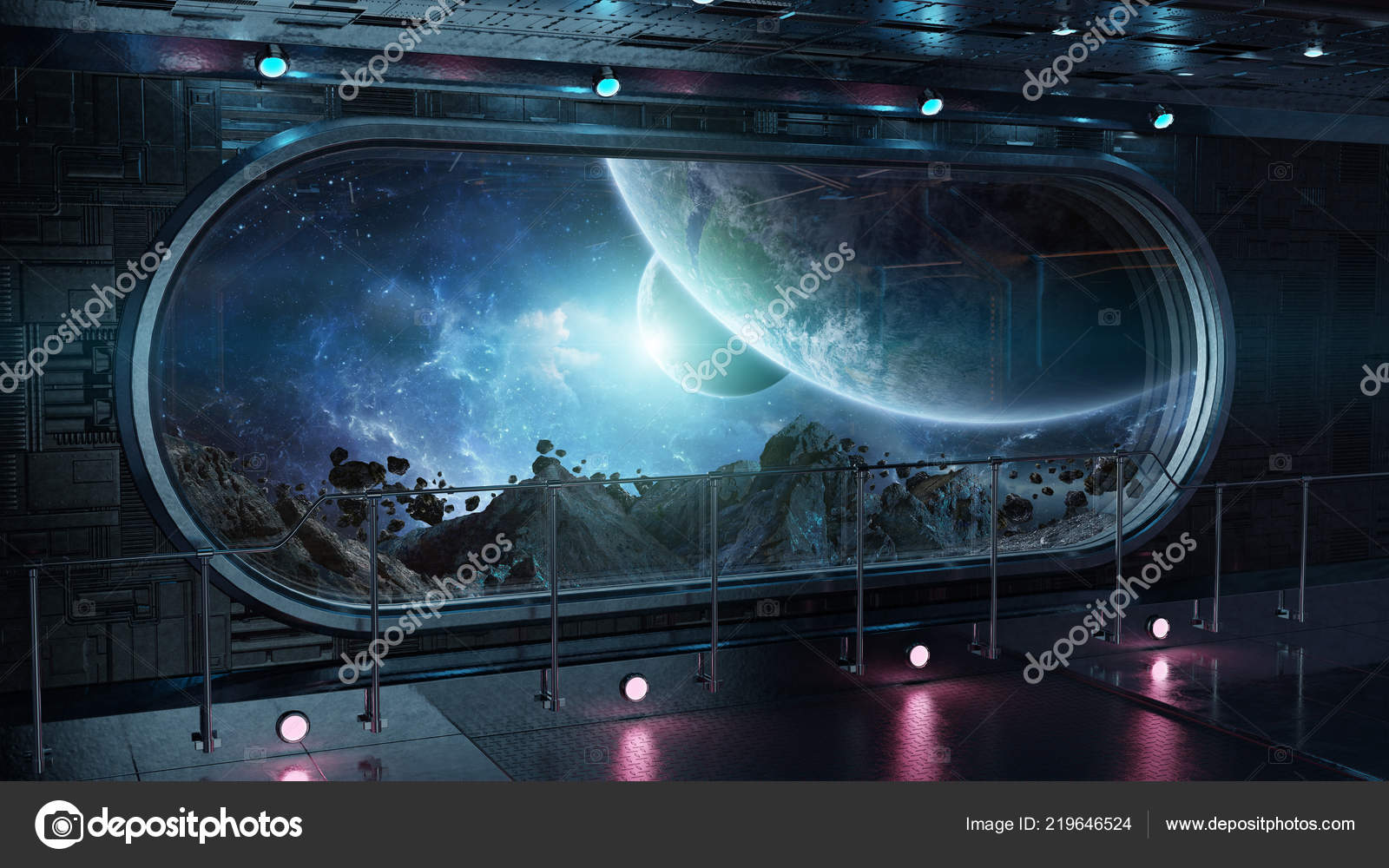 Black Tech Spaceship Window Interior View Distant Planets System ...