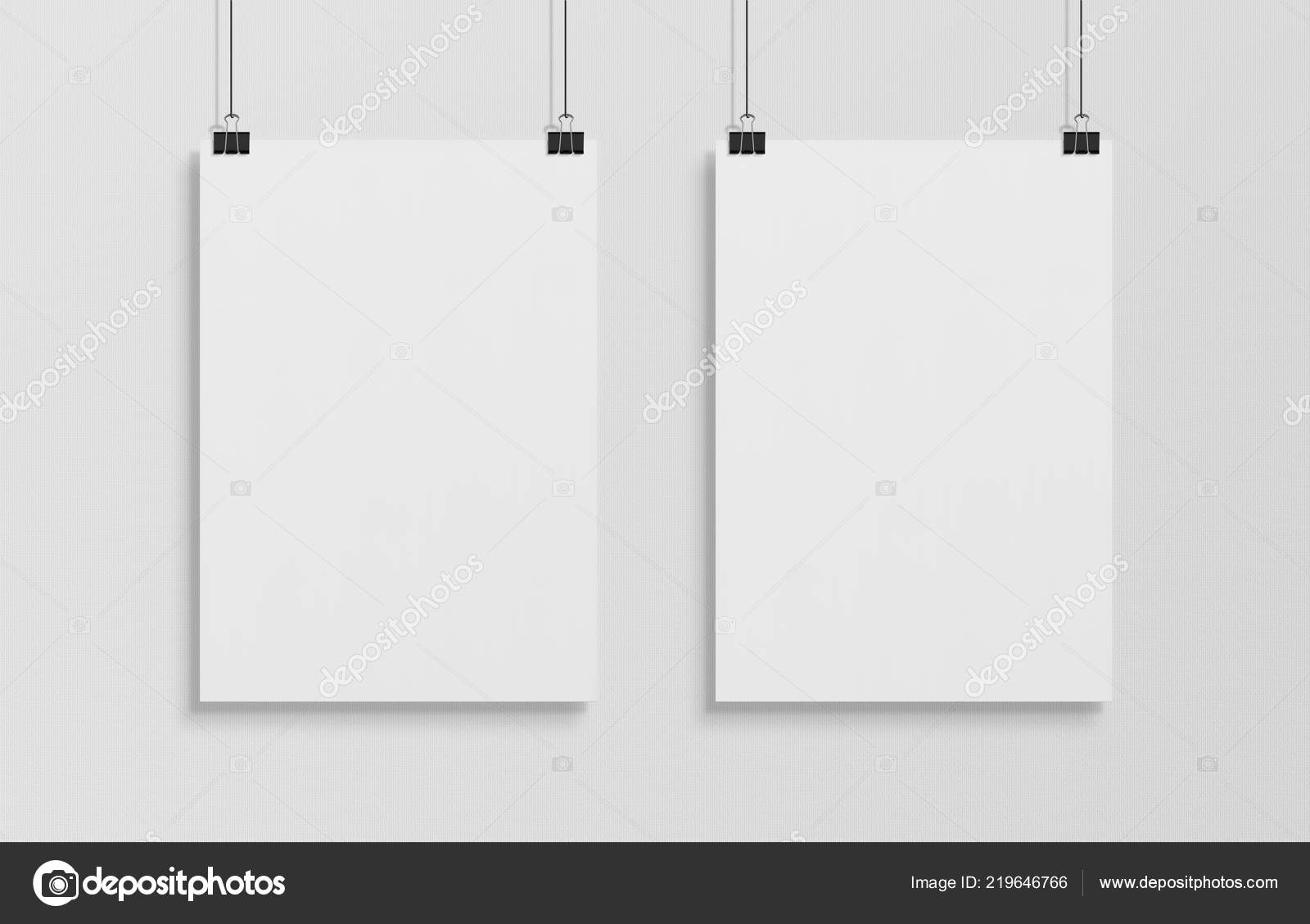 Two Blank White Poster Hanging Front White Wall Clips Mockup — Stock ...