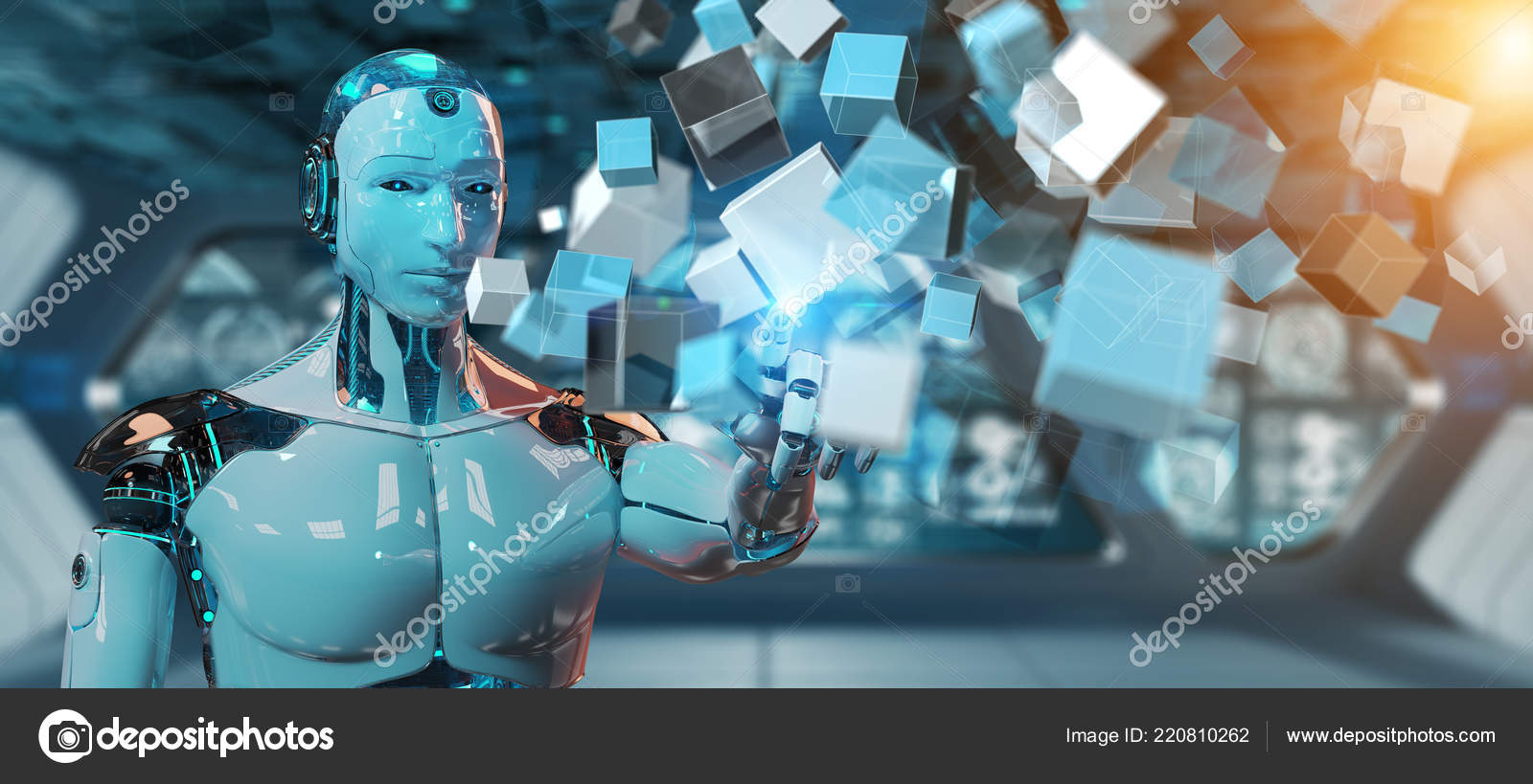 White Cyborg Blurred Background Using Blue Digital Cube Structure ...