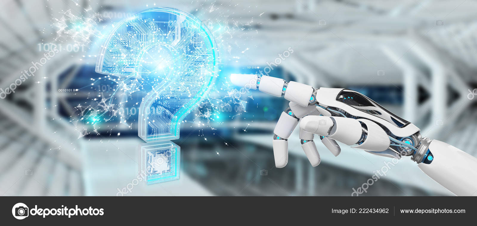 Cyborg Blurred Background Solving Problem Digital Question Marks Rendering — Stock Photo ...