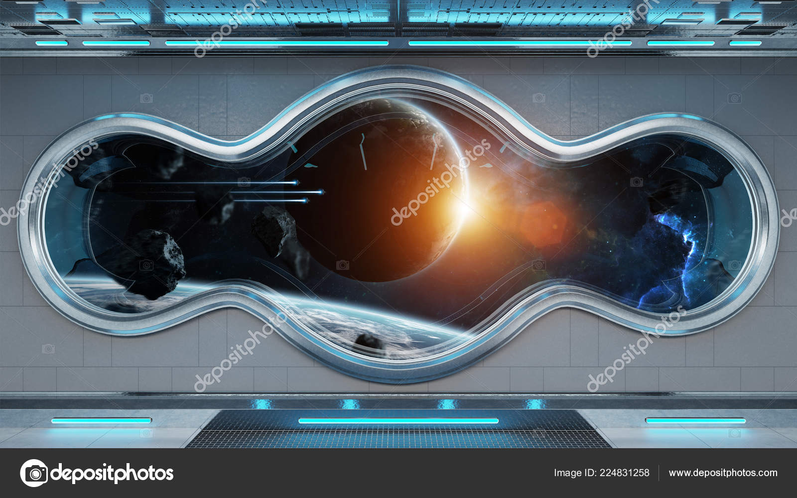 White Tech Spaceship Window Interior View Distant Planets System ...