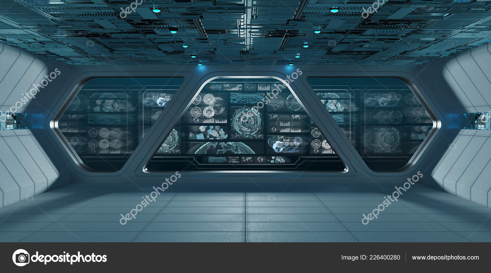 Blue Spaceship Interior Space Control Panel Screens Rendering ⬇ Stock ...