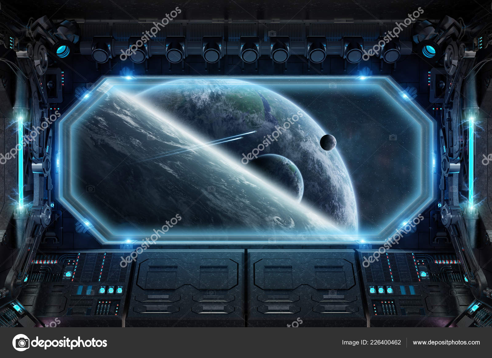 Romstasjon Innvendig Vindu Mørkt Romskip Innvendig Rommet Med