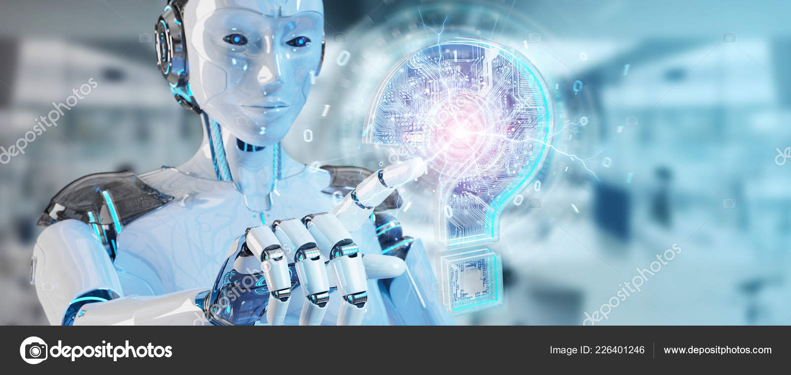 Cyborg Blurred Background Solving Problem Digital Question Marks Rendering Stock Photo by ...