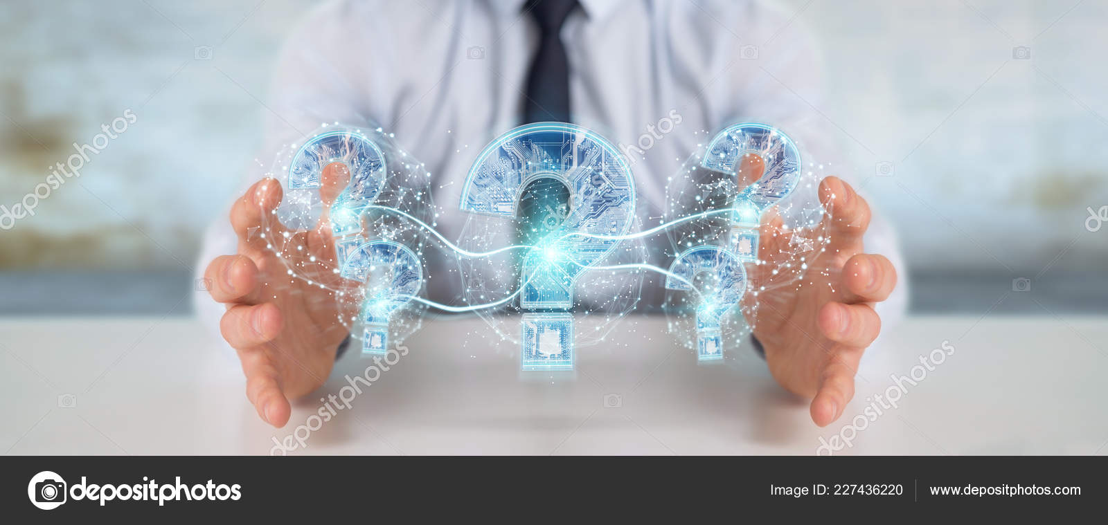 Businessman Blurred Background Solving Problem Digital Question Marks Rendering — Stock Photo ...