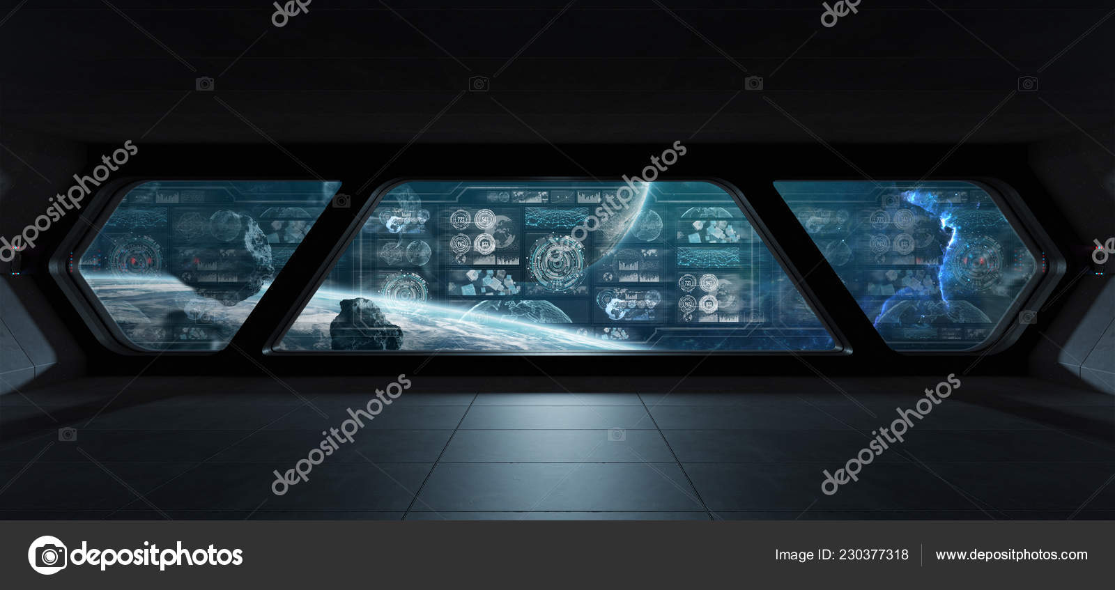 Dark Spaceship Interior Space Control Panel Digital Screens Rendering ...