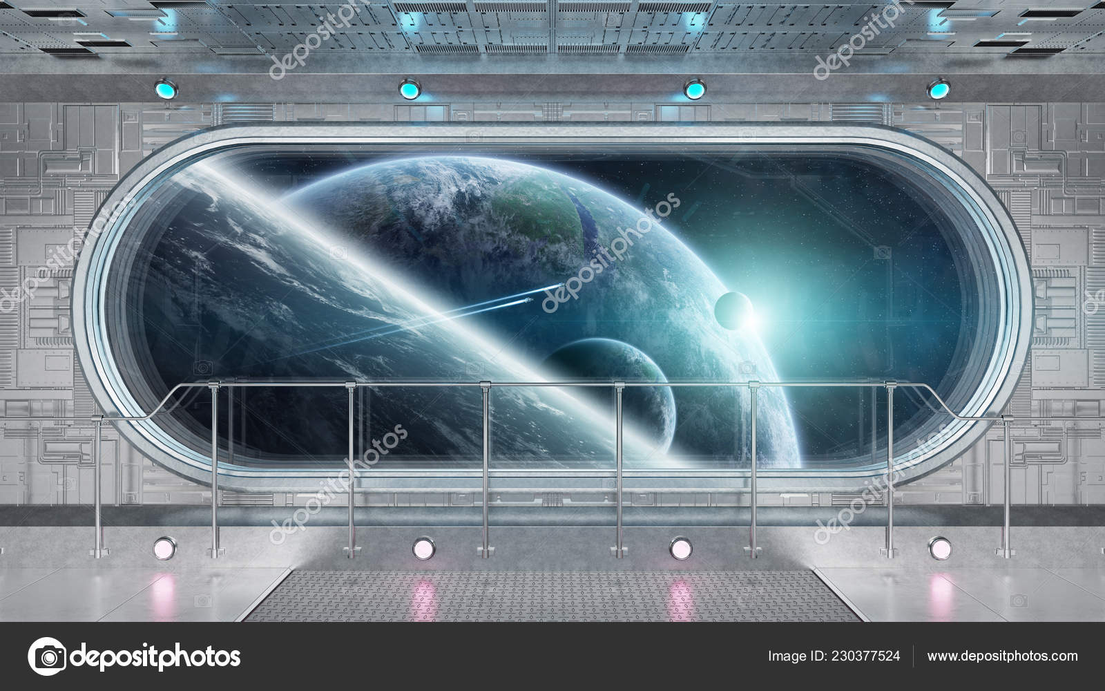 White Tech Spaceship Window Interior View Distant Planets System ...