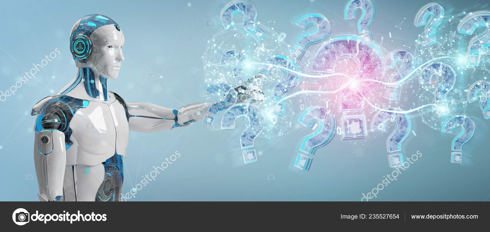 Cyborg Blurred Background Solving Problem Digital Question Marks Rendering Stock Photo by ...