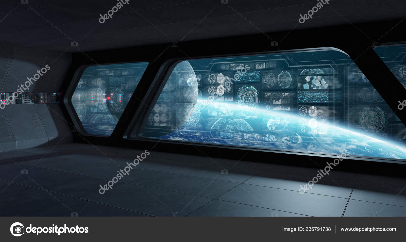 Dark Spaceship Interior Space Control Panel Digital Screens Rendering ...