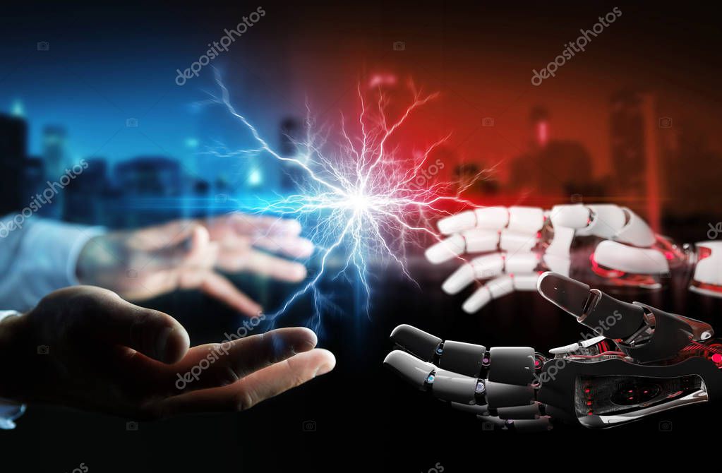 Robot rojo hackeando un sistema eléctrico sobre fondo oscuro ...