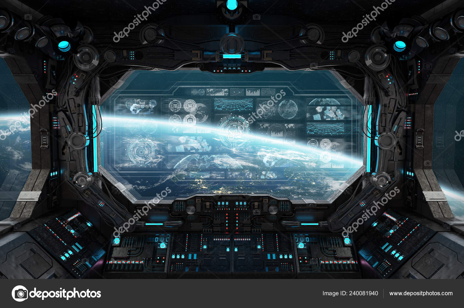 Dark Spaceship Interior Space Control Panel Digital Screens Rendering ...
