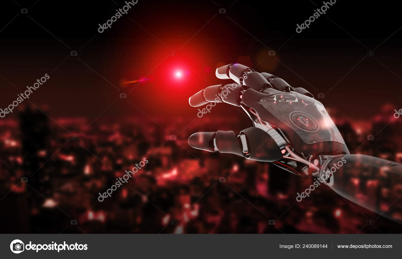 Red Robot Hand Pointing Finger Dark Background Rendering Stock Photo by ...